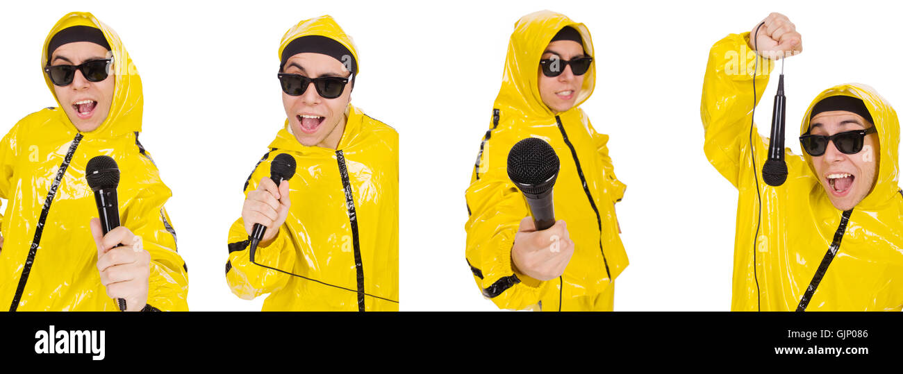 Funny performer with mic isolated on the white Stock Photo - Alamy