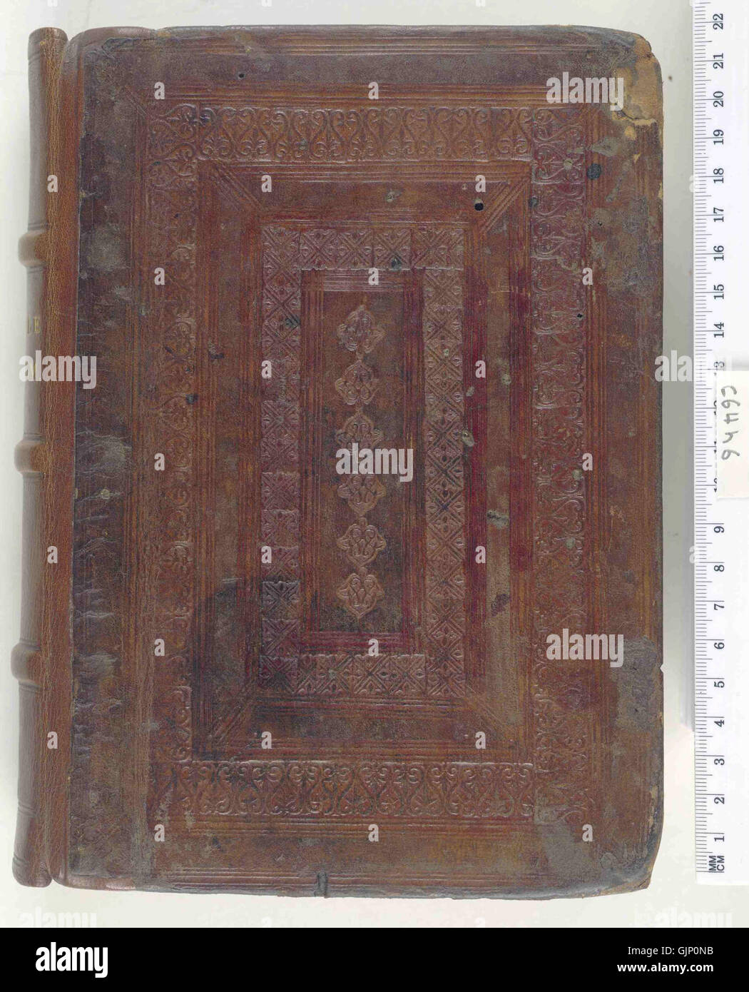 A historical upper cover of a book or manuscript, featuring decorative ...