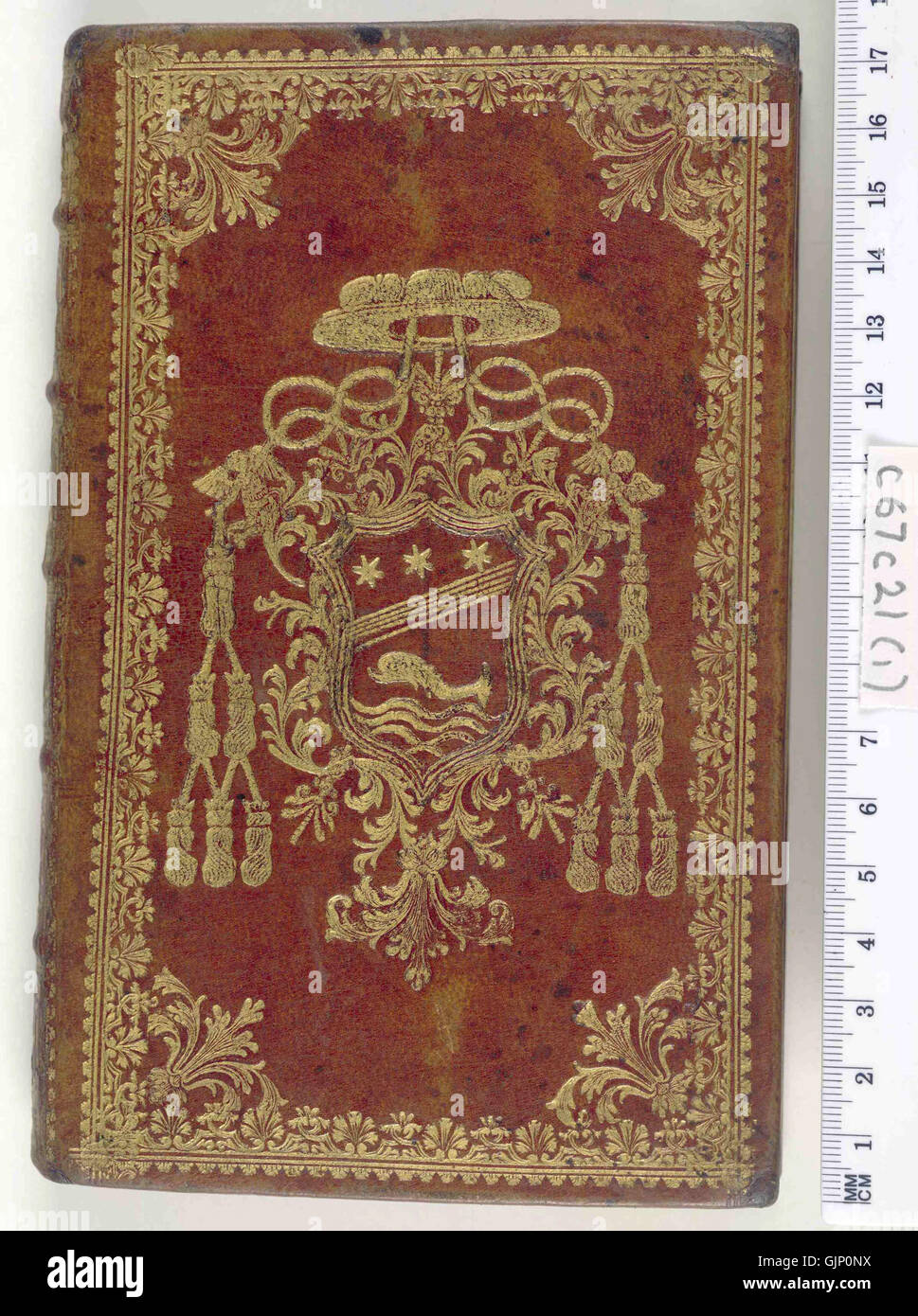 A manuscript upper cover, featuring distinctive markings or artwork ...