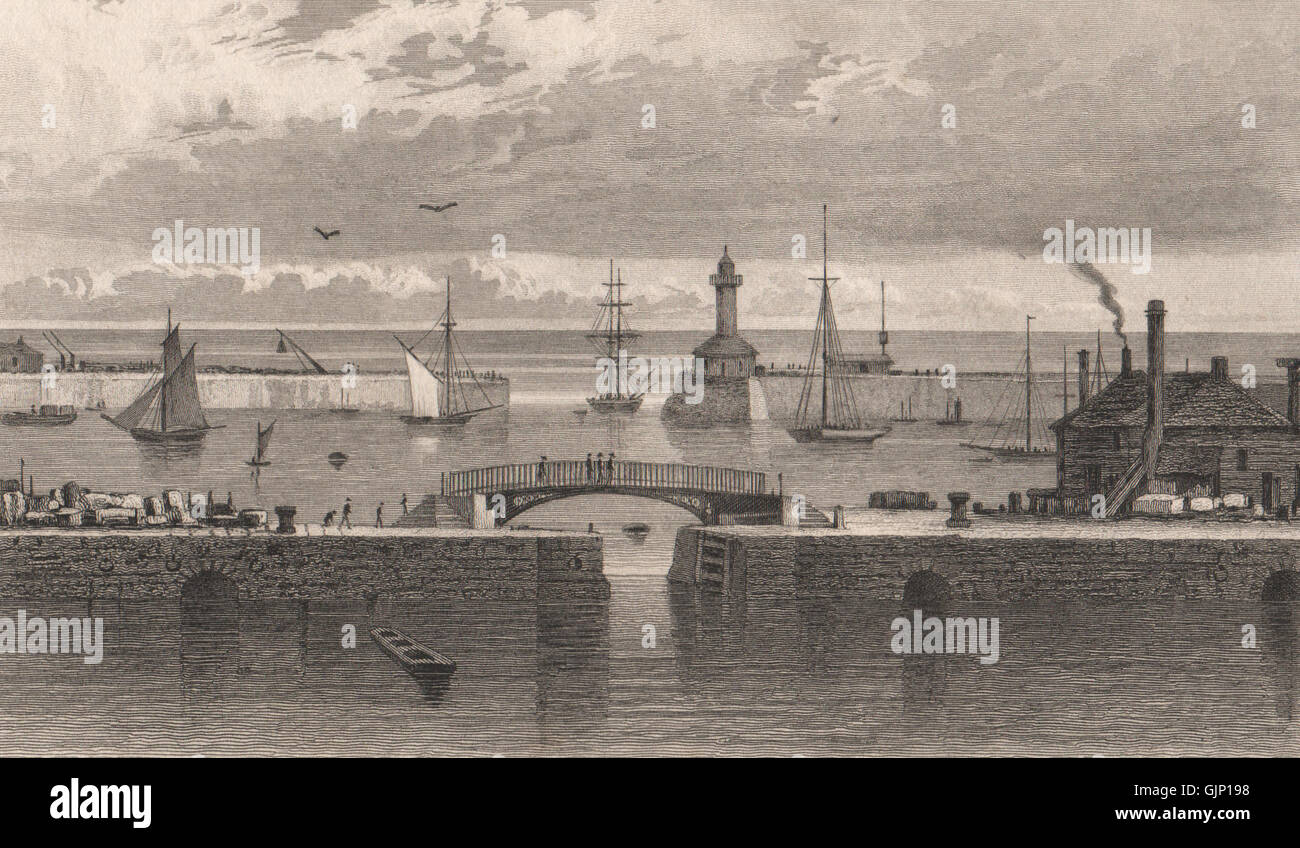 Ramsgate harbour and light house. Kent. SHEPHERD, antique print 1829 ...