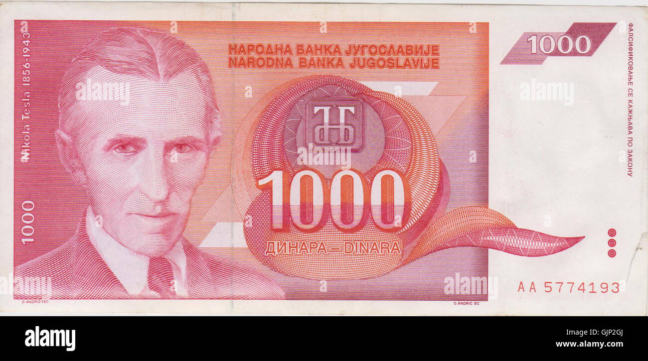 A 1000 Yugoslav dinar note from 1992, featuring historical imagery and ...