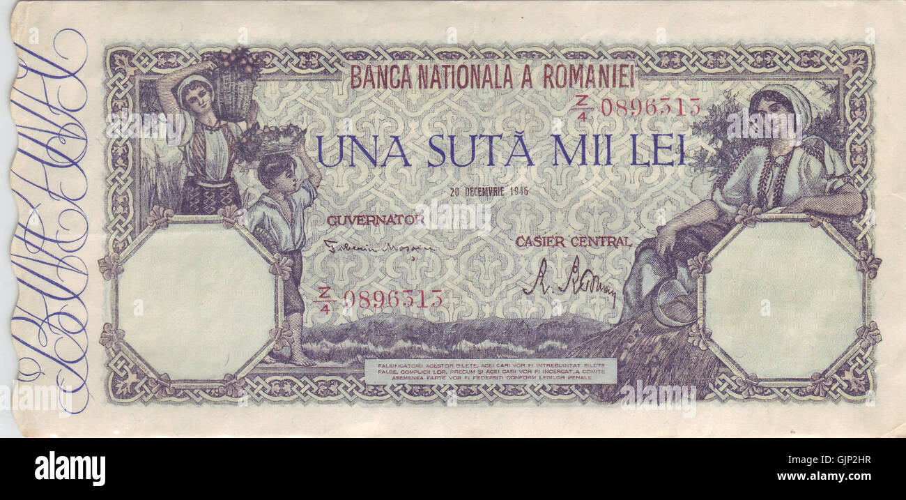 A 1946 Romanian 100,000 lei banknote featuring historical and artistic ...