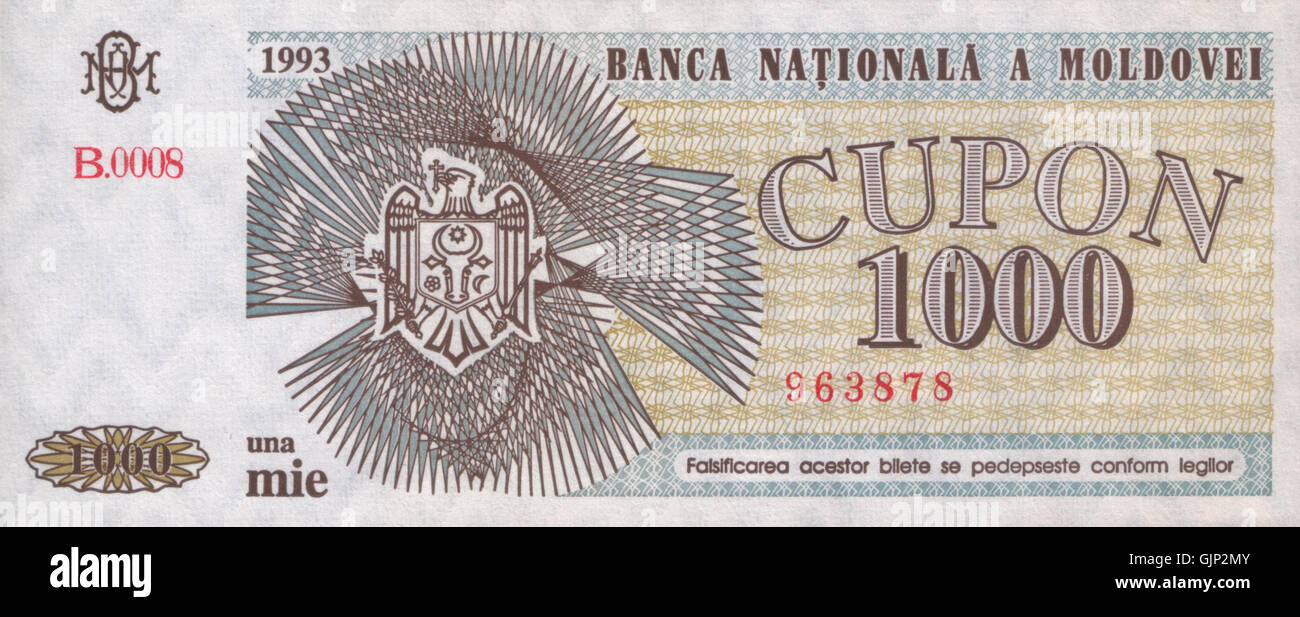 A 1000 cupon banknote issued in Moldova in 1993, featuring local ...