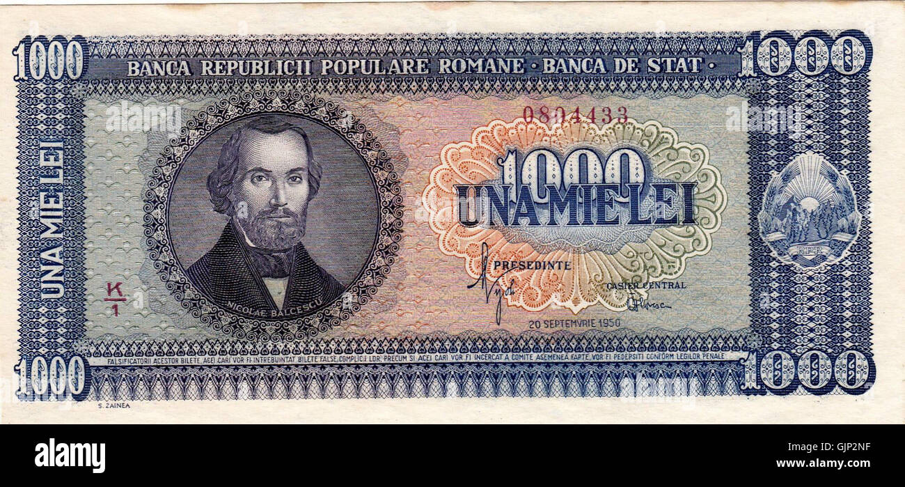 The 1000 lei banknote from 1950 features an obverse design rich in ...