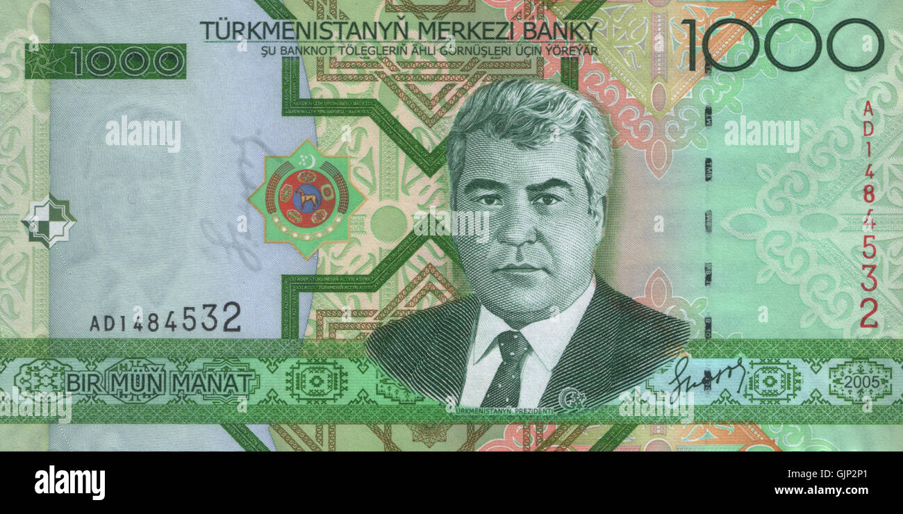 This image features a 1000 Manat banknote from Turkmenistan, issued in ...