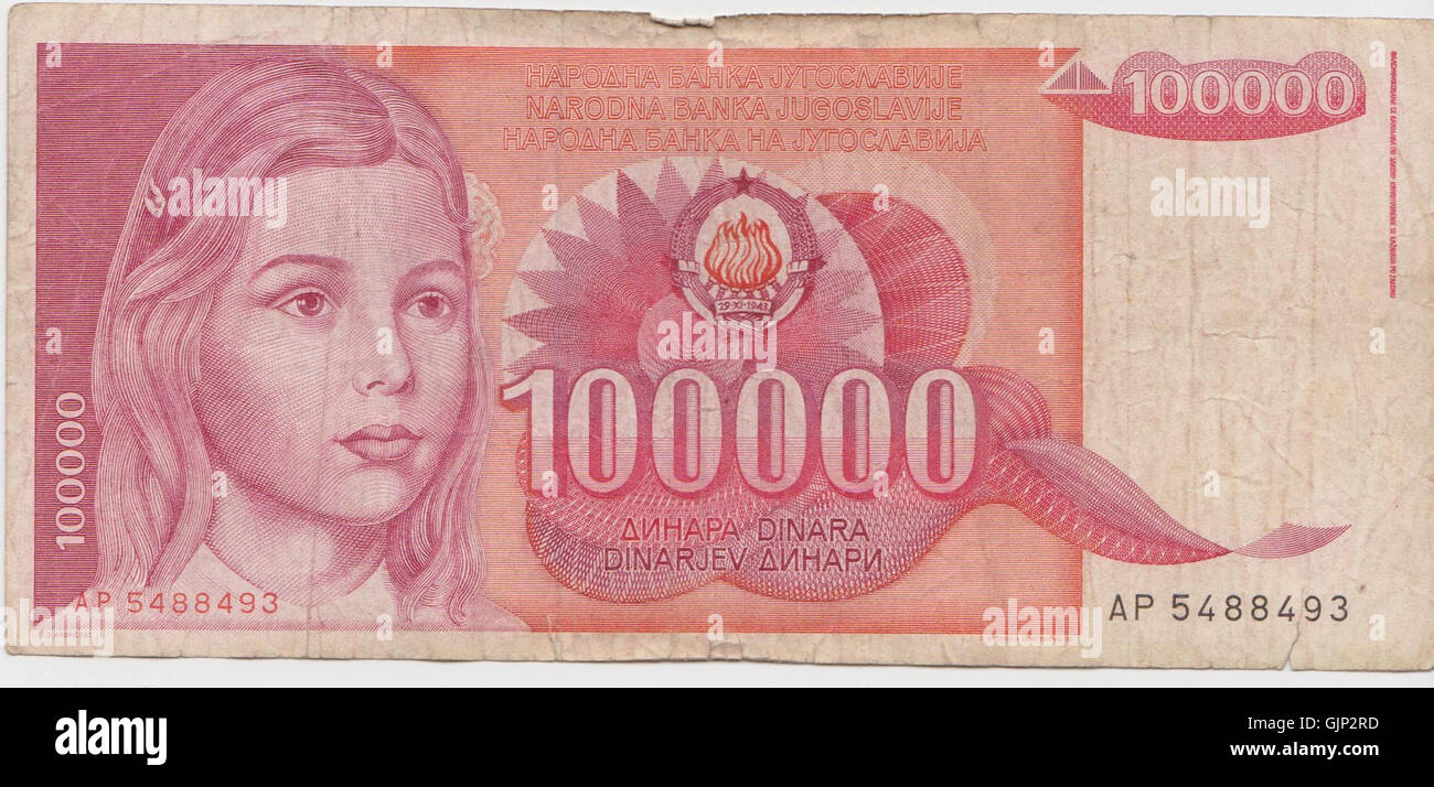 This 100,000 dinar note from Yugoslavia, issued in 1990, represents a ...