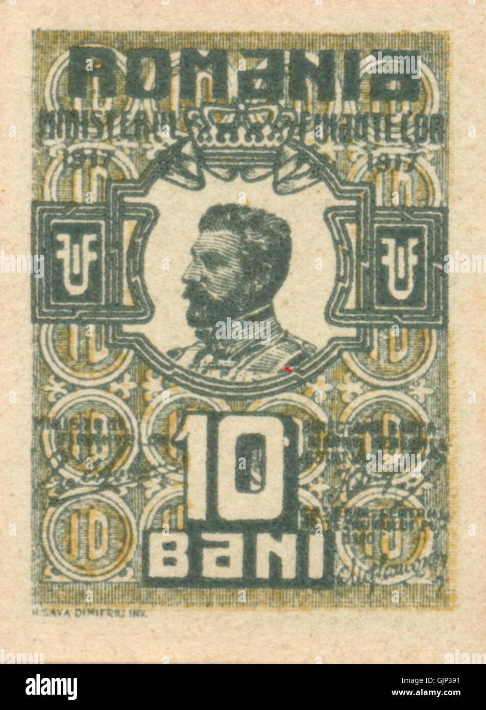 The 10 bani coin from 1917, issued by Romania, features historical ...