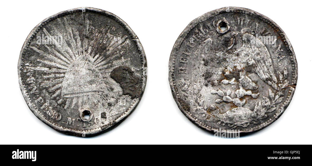 This is a counterfeit 1 peso coin from Mexico, dated 1908. It is ...