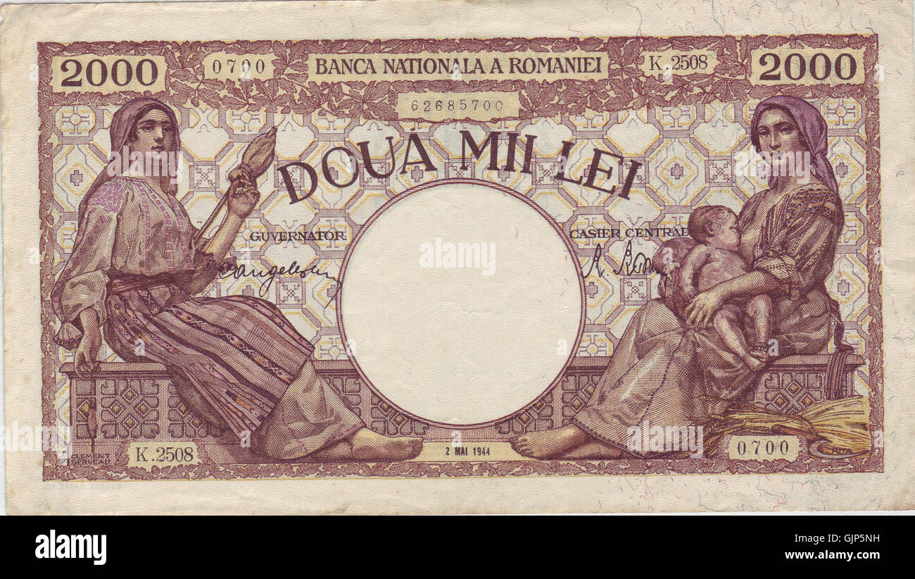 This 1944 Romanian 2000 Lei coin features a detailed design, showcasing ...