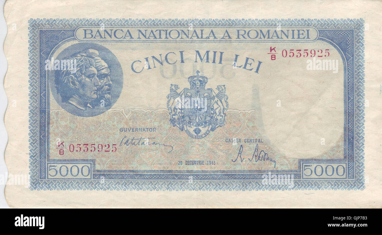 This 5000 lei note from 1945 features an avers design, typical of ...