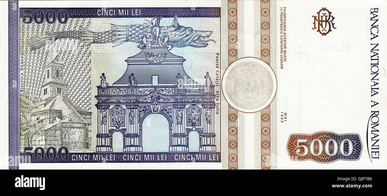 This is a reverse image of a 5000 Lei banknote from 1993. The currency ...