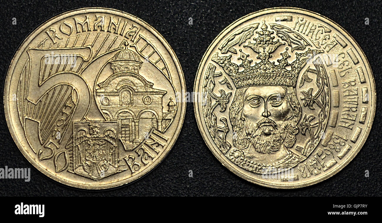 This coin, labeled '50 de bani Mircea cel BC483tr,n,' commemorates ...