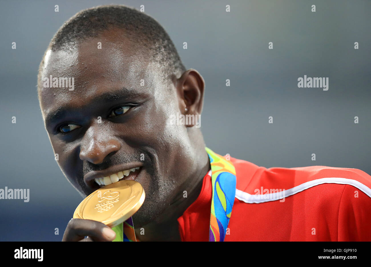 Kenya's David Lekuta Rudisha on the podium with his gold medal for the ...