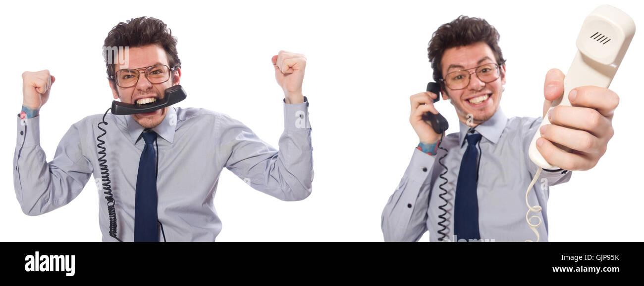 Angry call center employee in collage Stock Photo - Alamy