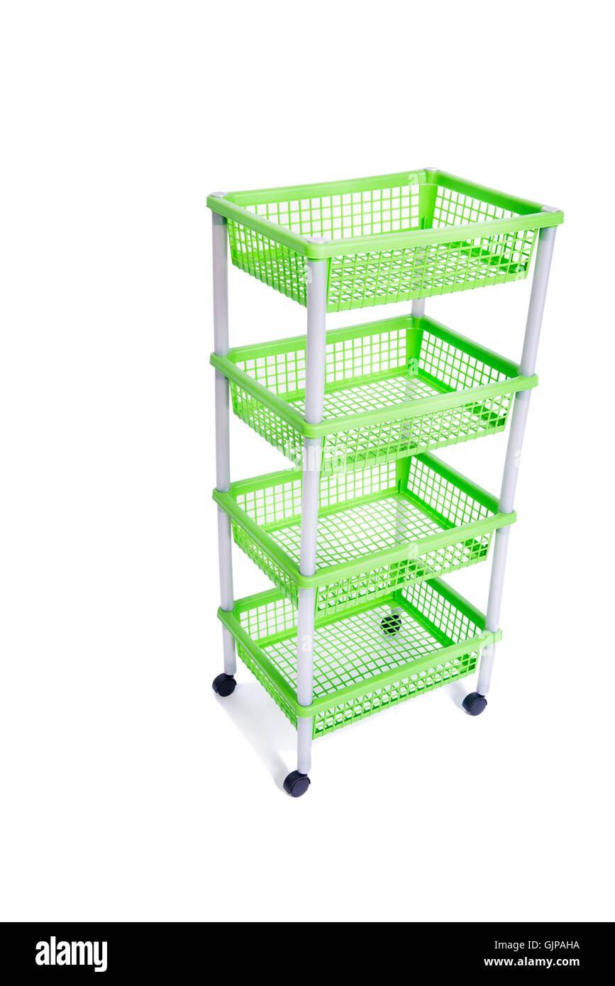 Green bin rack shelf with wheels isolated on white Stock Photo - Alamy