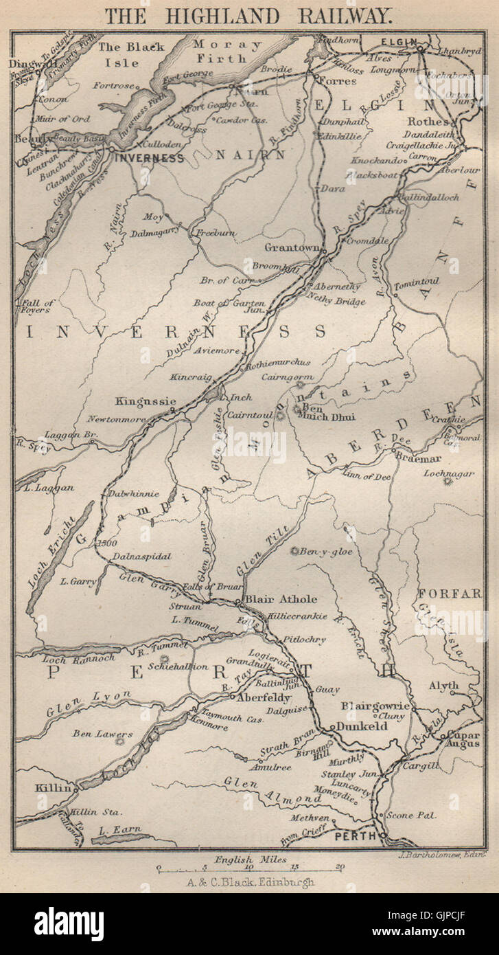 The Highland Railway. Inverness Perth Elgin. Scotland, 1886 antique map ...