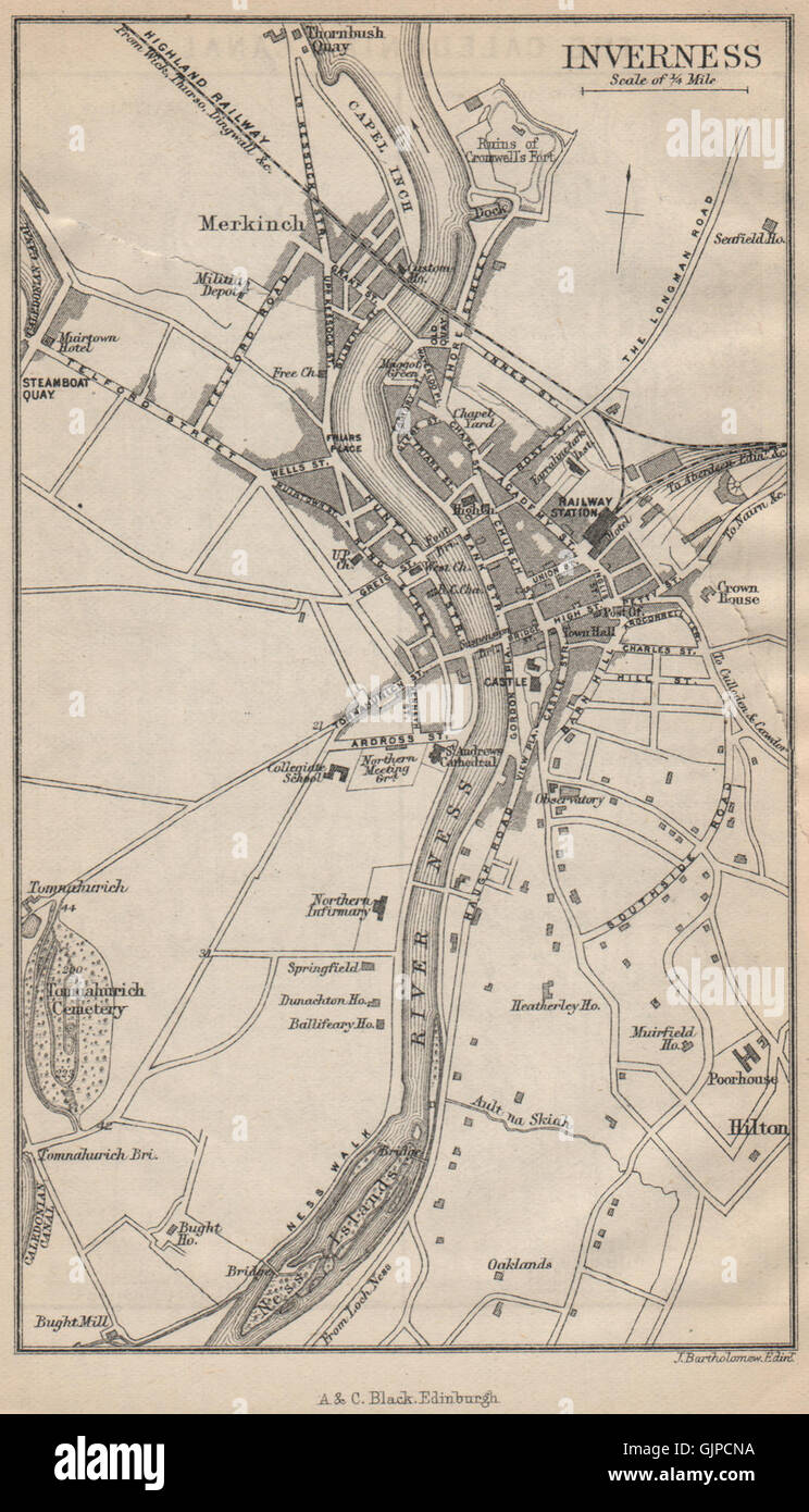 INVERNESS antique town city plan. Scotland, 1886 antique map Stock ...