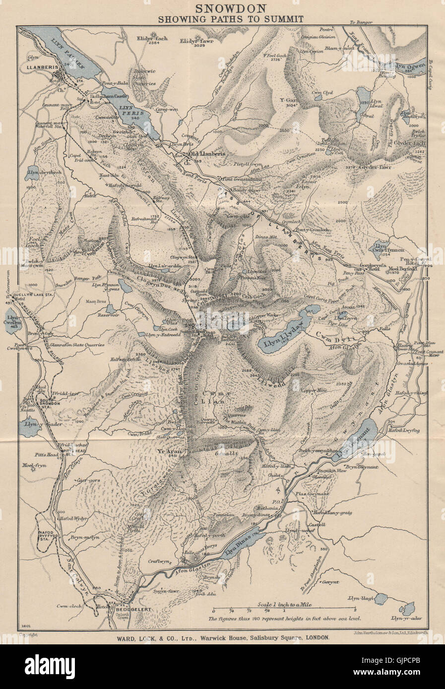 SNOWDON SHOWING PATHS TO SUMMIT. Llanberis. WARD LOCK, 1937 vintage map ...