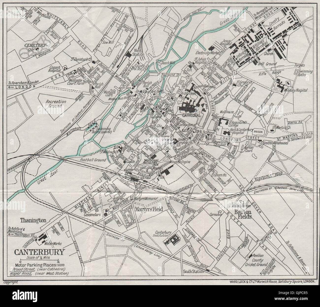 CANTERBURY vintage town/city plan. Kent. WARD LOCK, 1938 vintage map ...