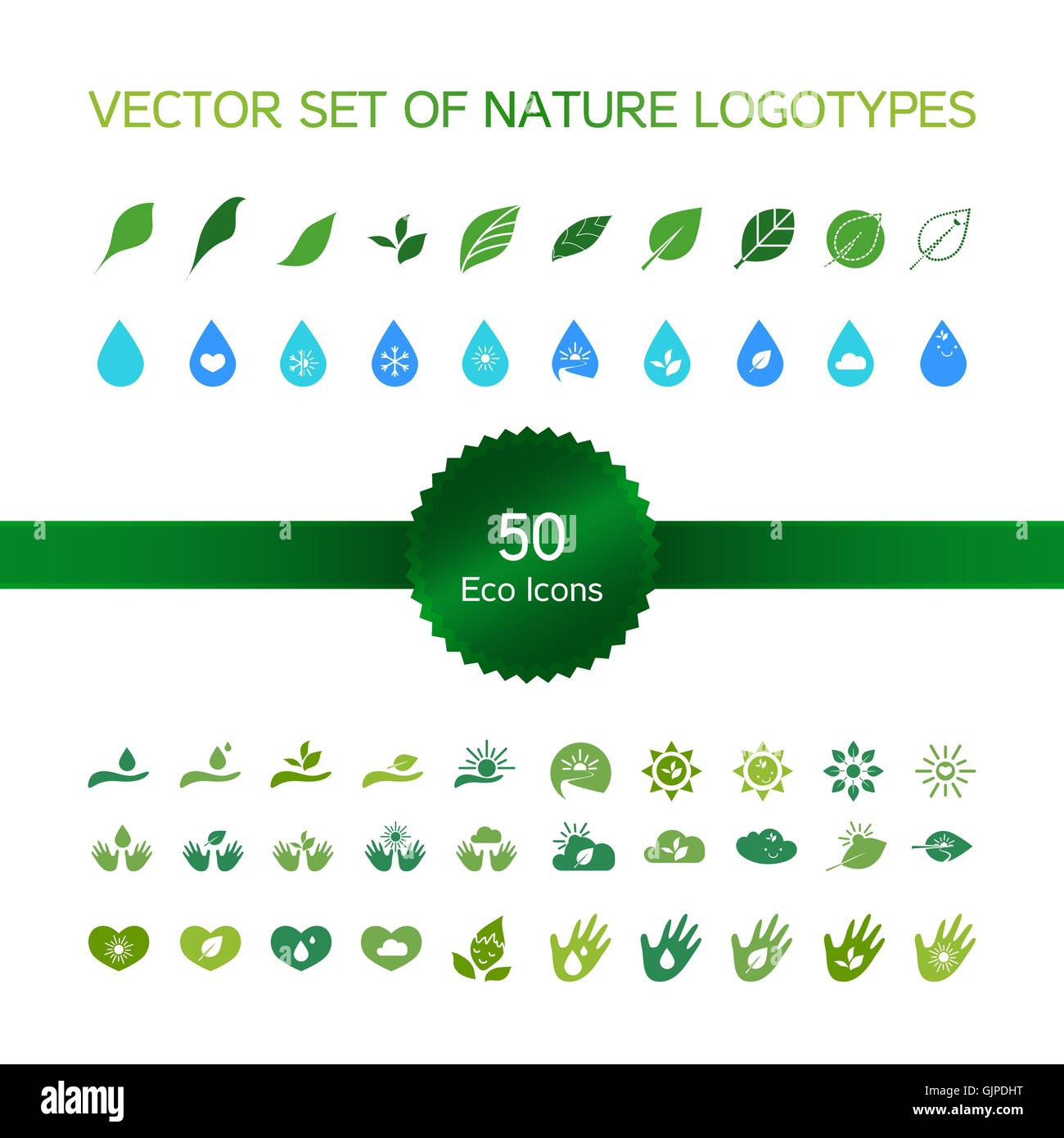 Set of 50 ecology icons, nature logo, biology symbols from leaves and ...