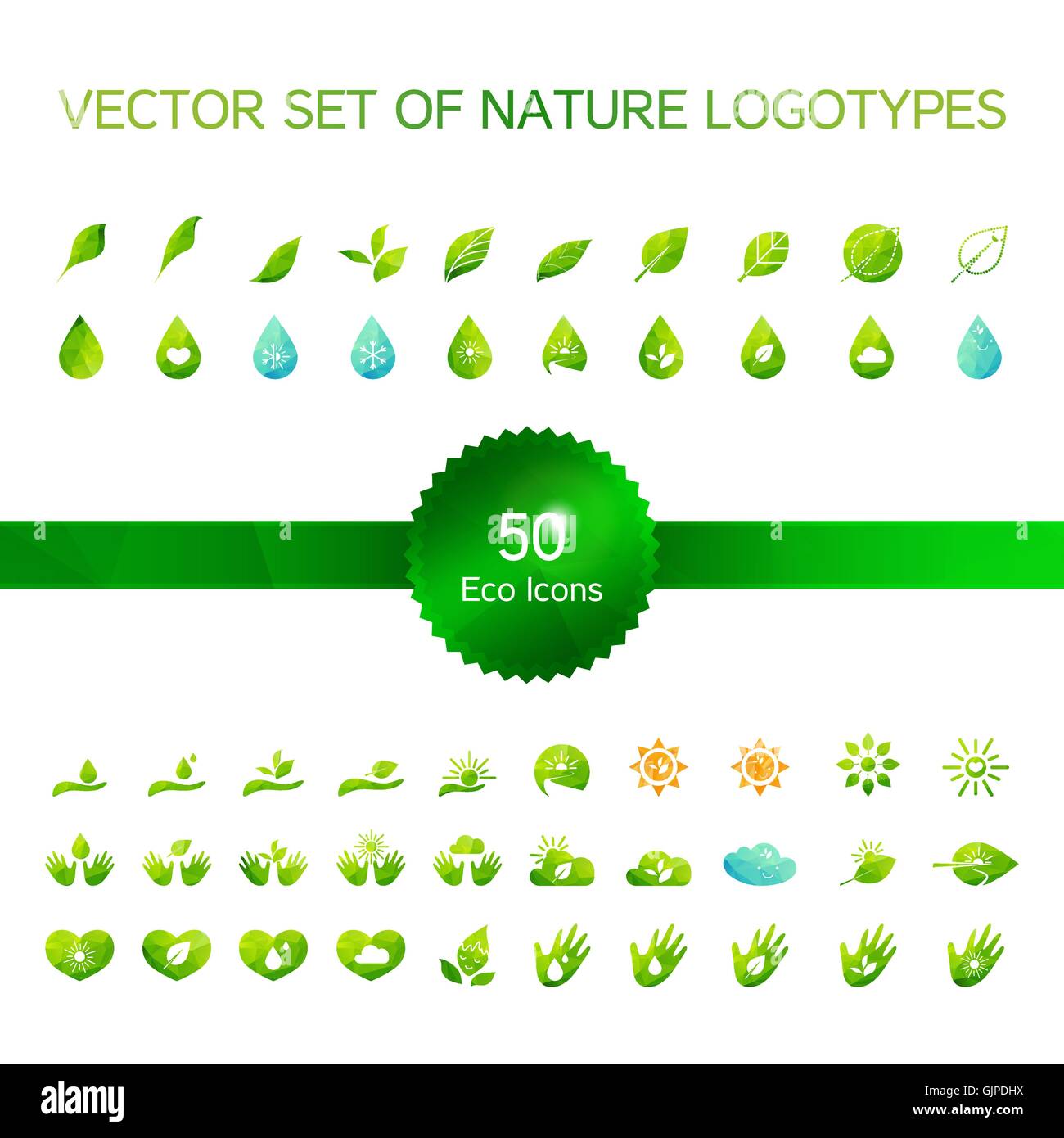 Set of 50 ecology icons, nature logo, biology symbols from leaves and ...