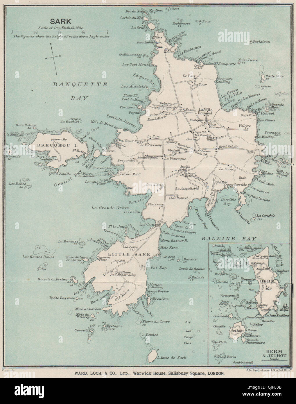 SARK. Inset Herm & Jethou. Channel Islands. WARD LOCK, 1921 vintage map ...