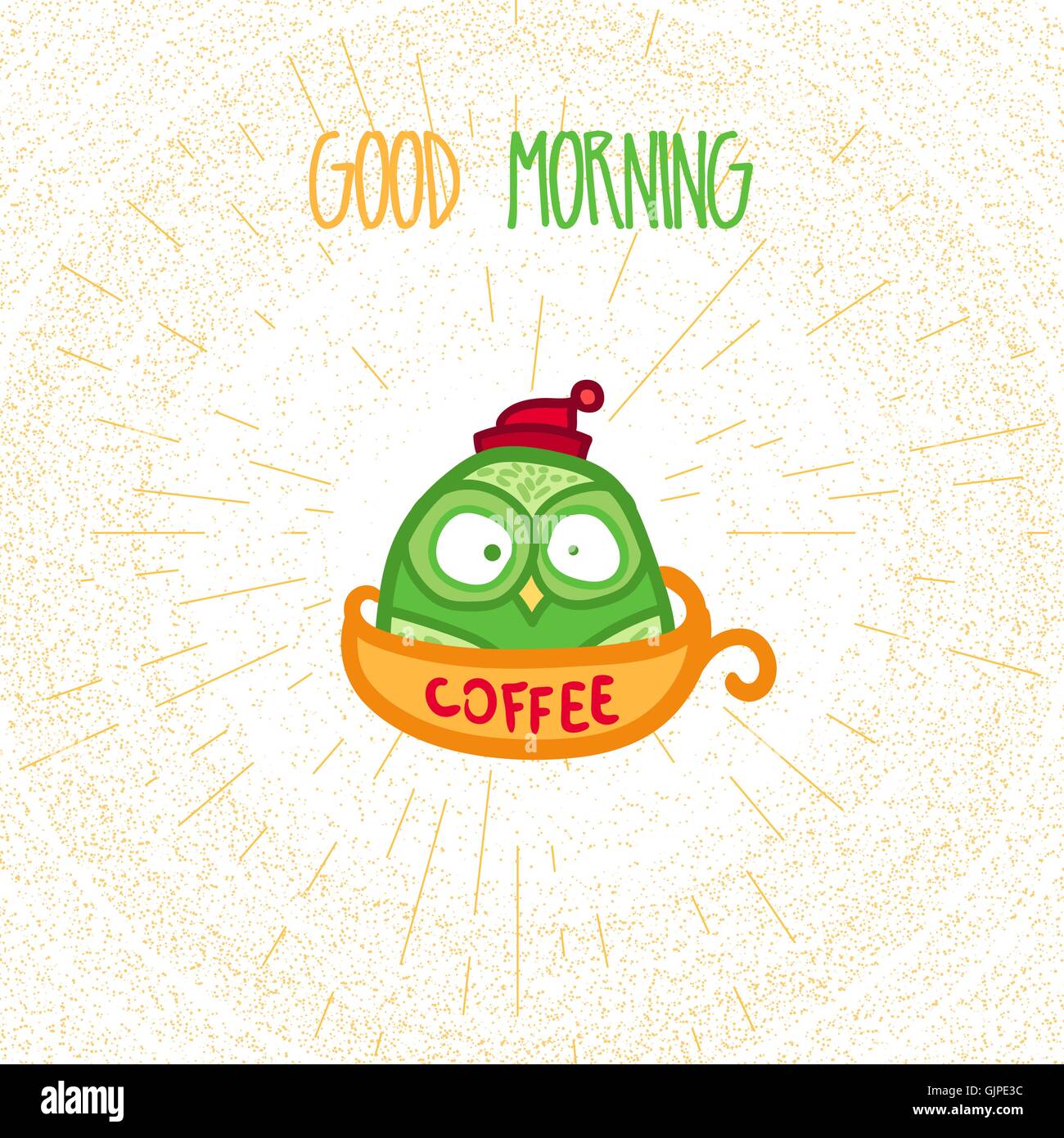 Hand Drawn Funny Owl with Cup of Coffee. Owl with Good Morning poster ...