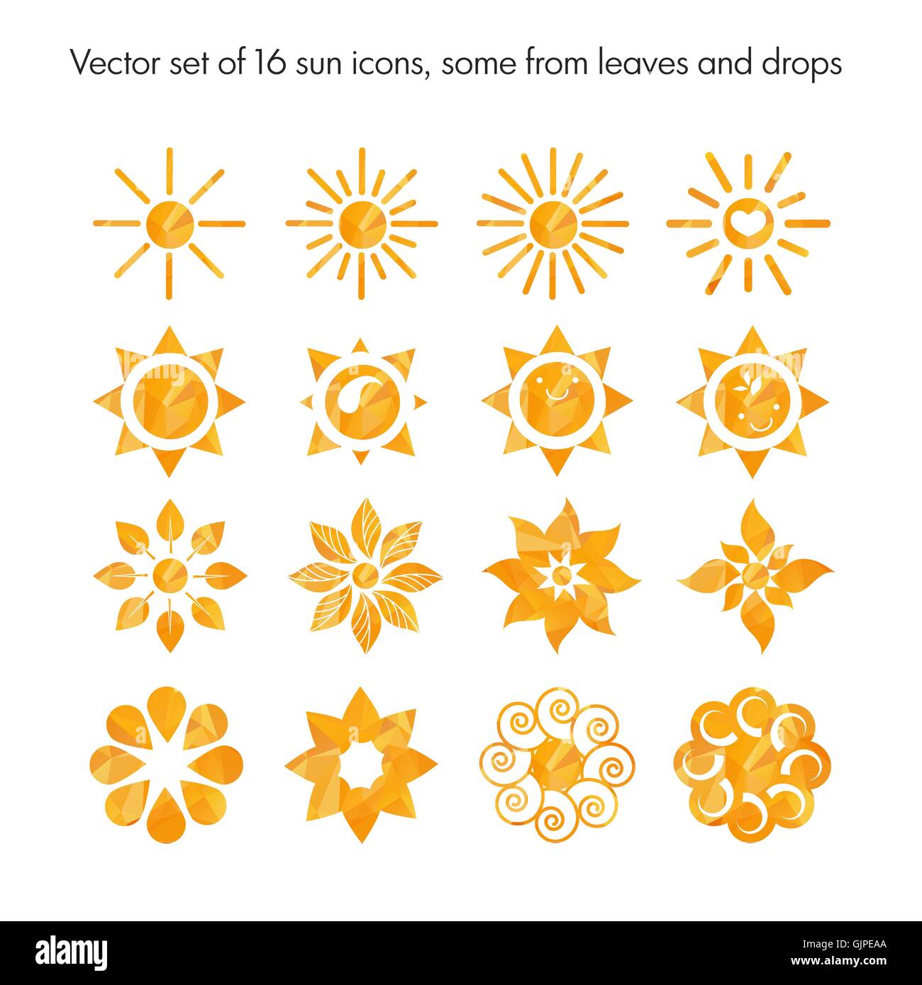 Set of sun icons from leaves, drops, nature logo, ecology. Polygonal ...