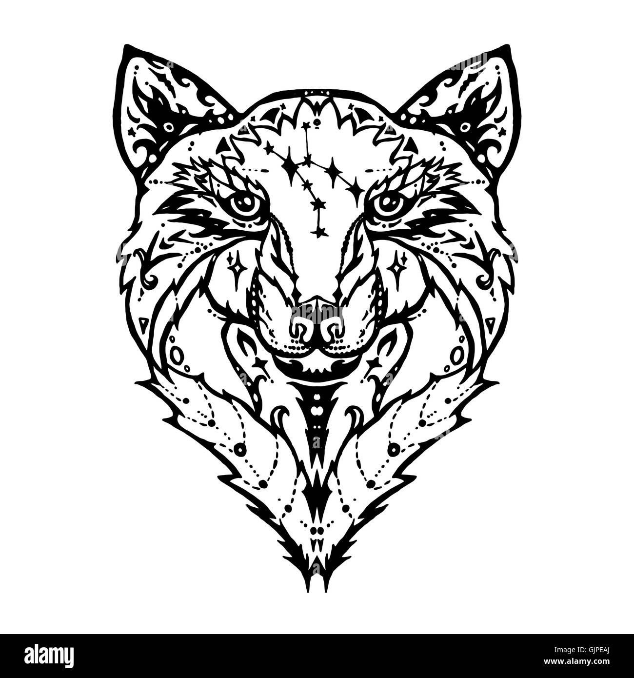 Illustration of isolated detailed wild wolf head in vintage and aztec ...