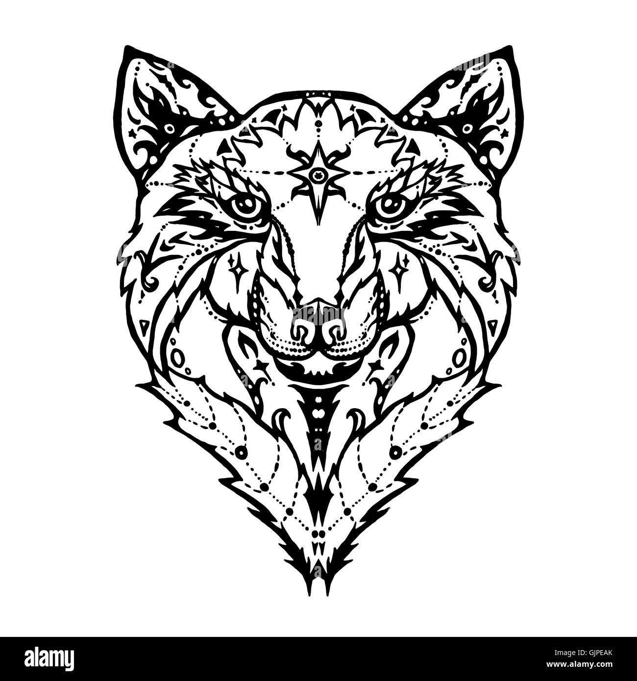 Illustration of isolated detailed wild wolf head in vintage and aztec ...