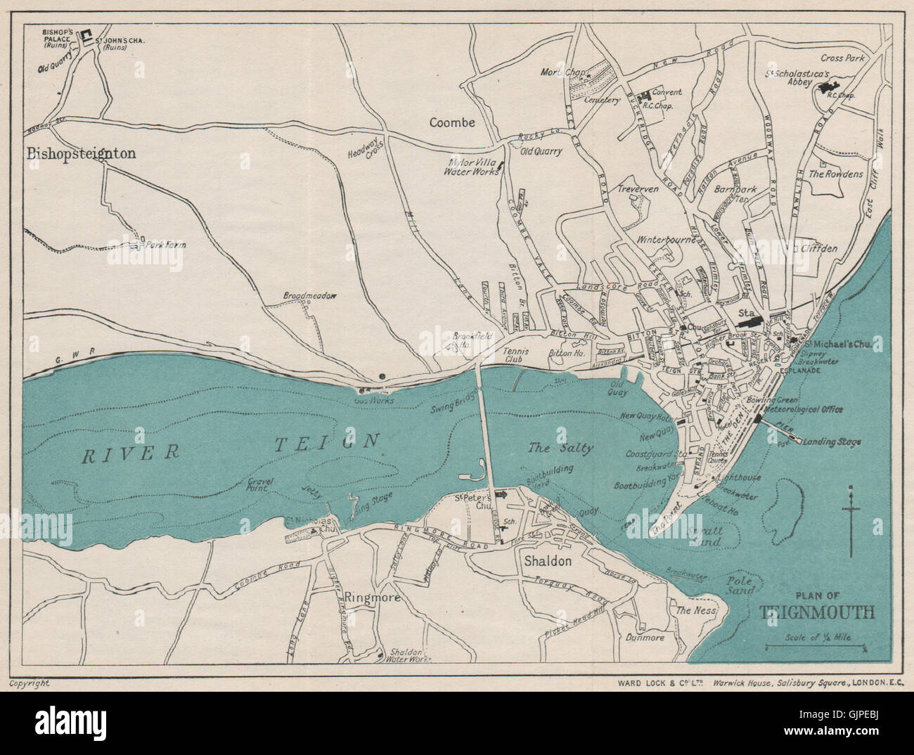 TEIGNMOUTH vintage town/city plan. Devon. WARD LOCK, 1924 vintage map ...