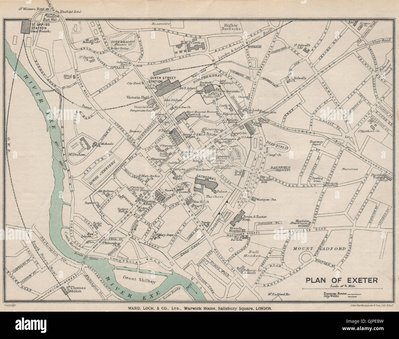 EXETER vintage town/city plan. Devon. WARD LOCK, 1924 vintage map Stock ...
