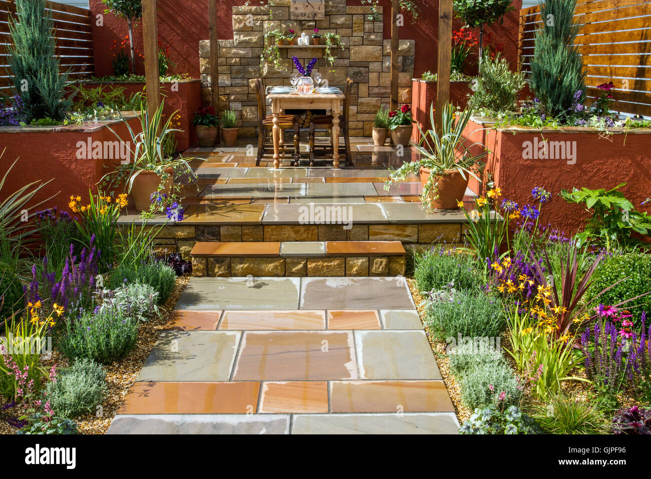 Flagged patio garden at Southport Flower Show, Merseyside, UK. Aug 2016 ...