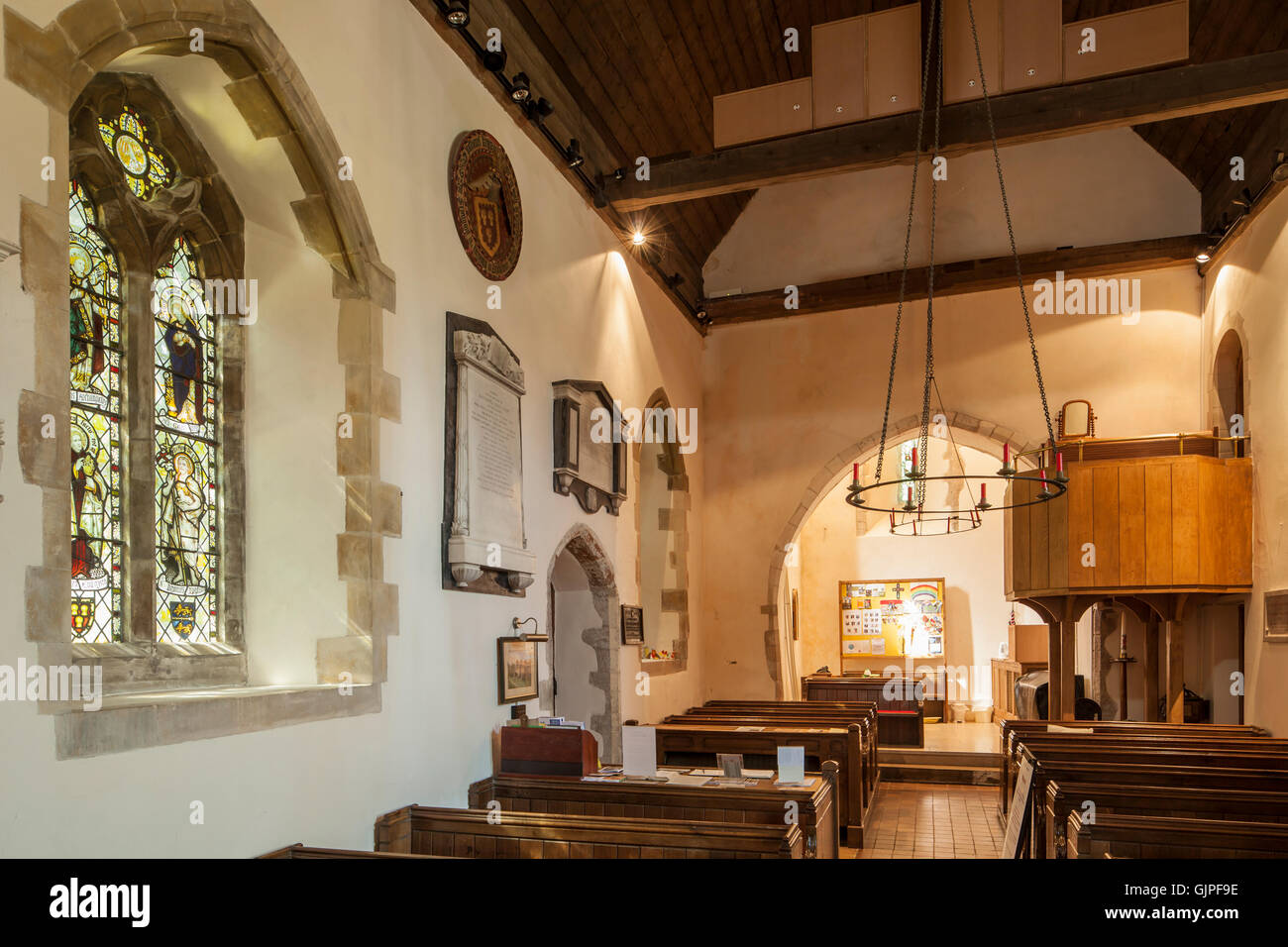 Interior of Norman church St Wulfran in Ovingdean, East Sussex, England ...