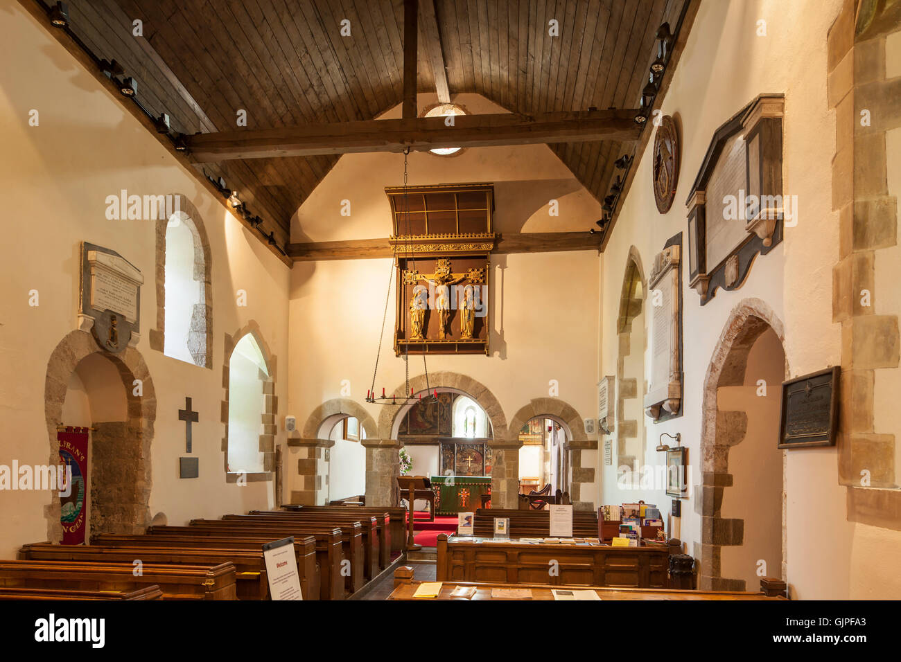 Interior of Norman church St Wulfran in Ovingdean, East Sussex, England ...