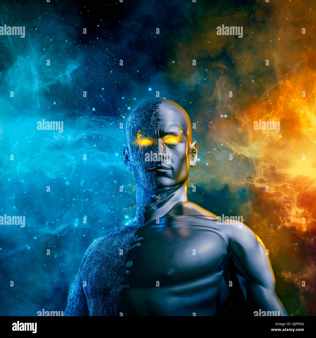 Elemental galactic hero / 3D illustration of half stone half metal male ...