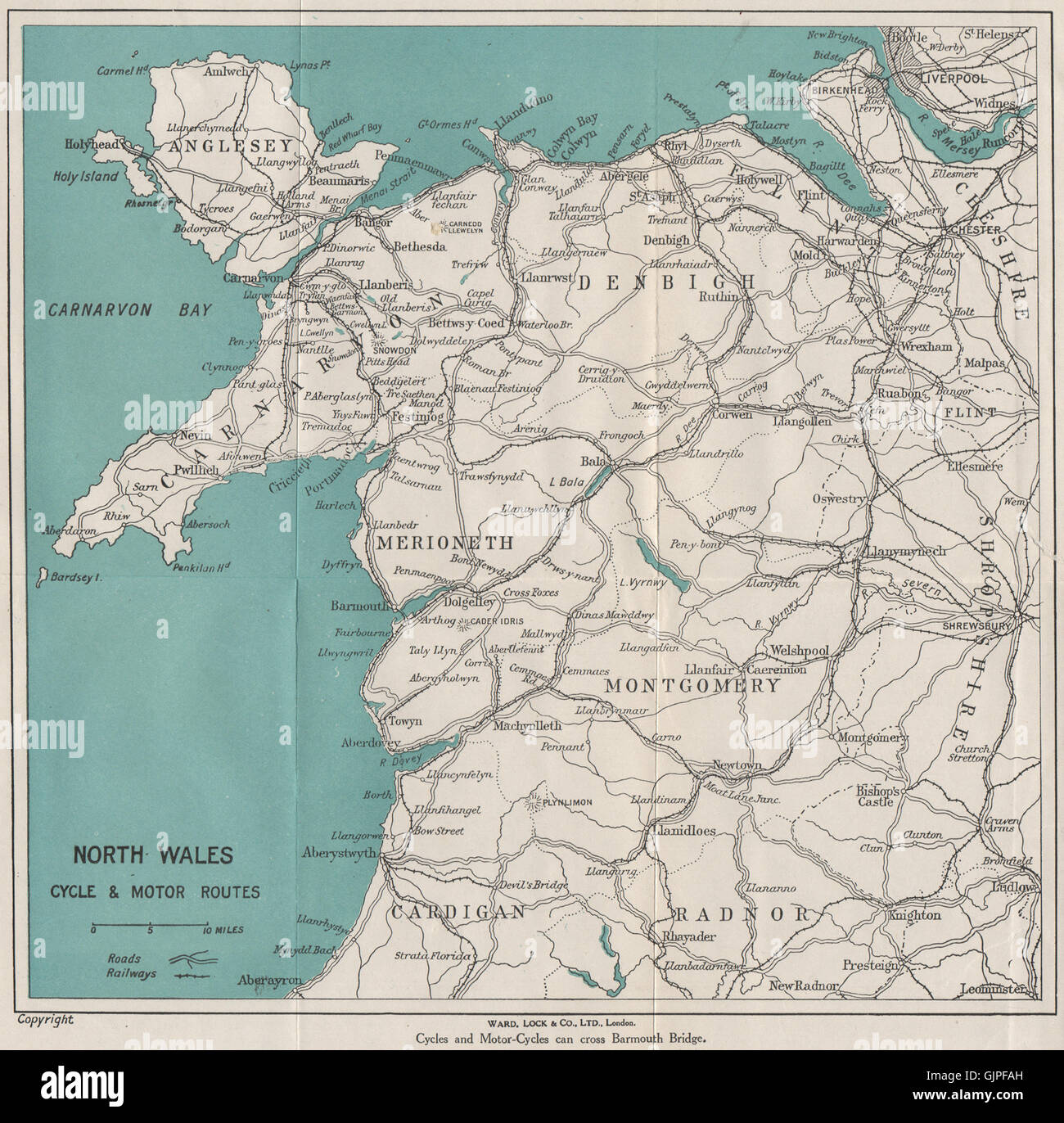 NORTH WALES CYCLE & MOTOR ROUTES. Railways. WARD LOCK, 1923 vintage map ...
