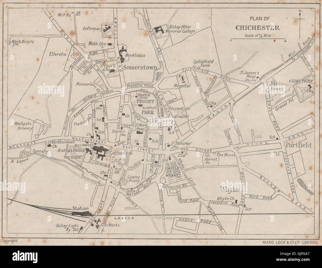 CHICHESTER vintage town/city plan. Sussex. WARD LOCK, 1922 vintage map ...