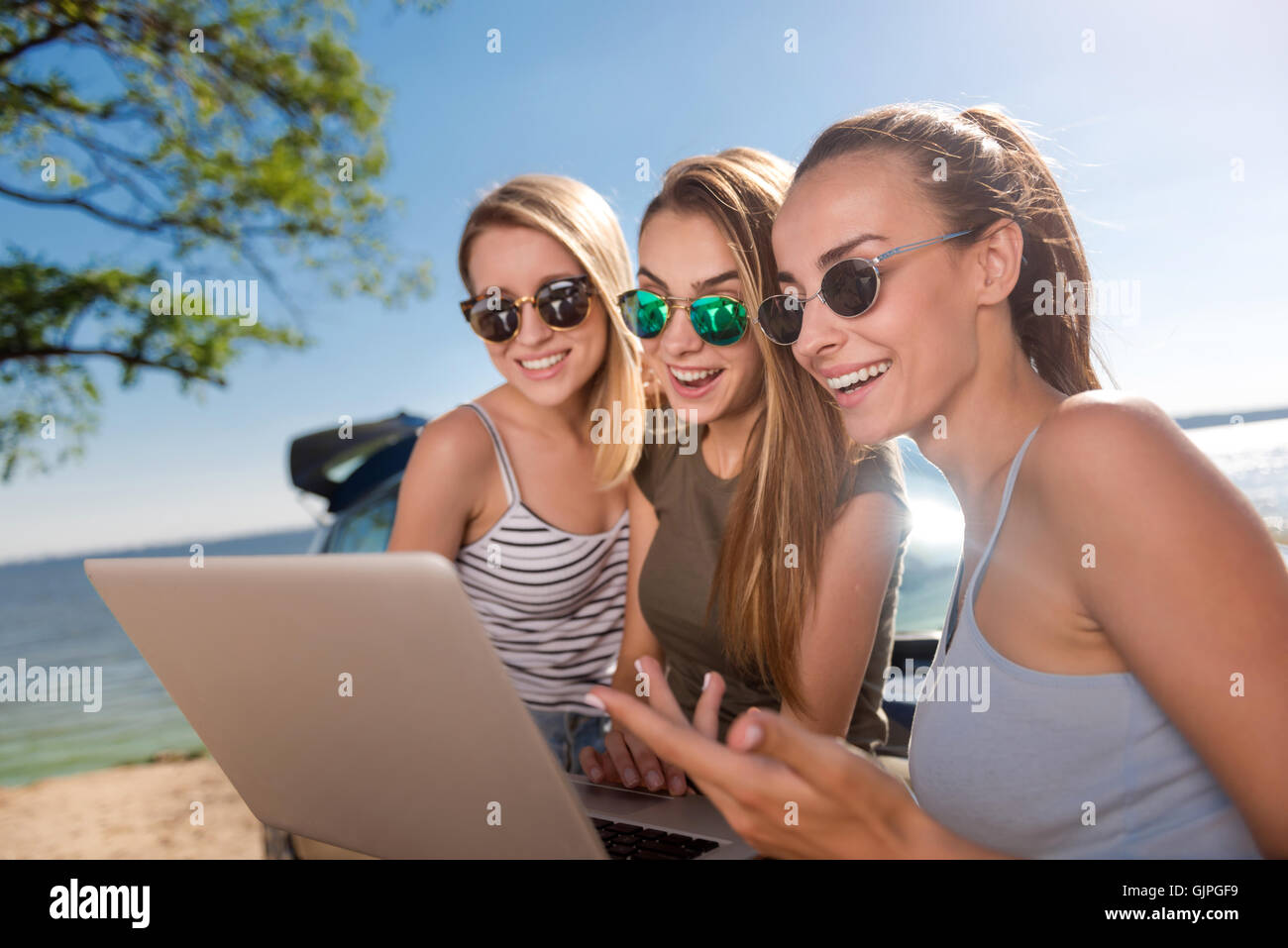 Positive friends using laptop Stock Photo - Alamy