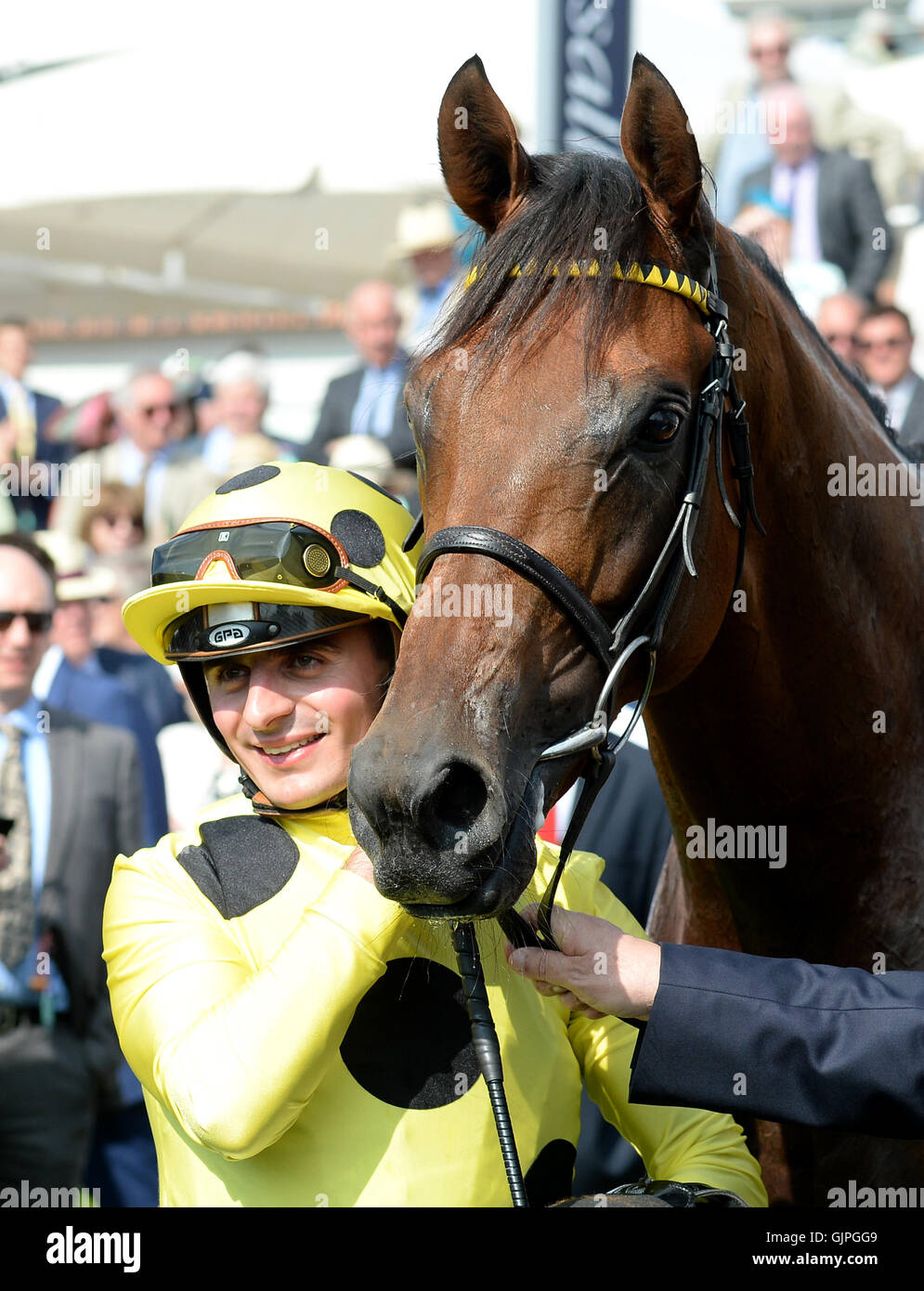 Andrea Atzeni celebrates after riding Postponed to win the Juddmonte ...