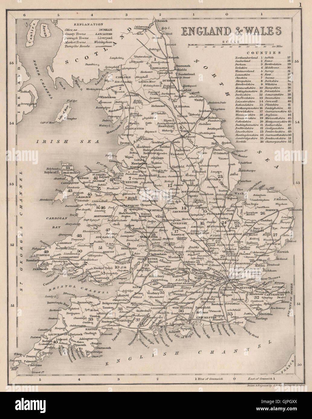 ENGLAND & WALES Roads by ARCHER/DUGDALE, 1845 antique map Stock Photo ...