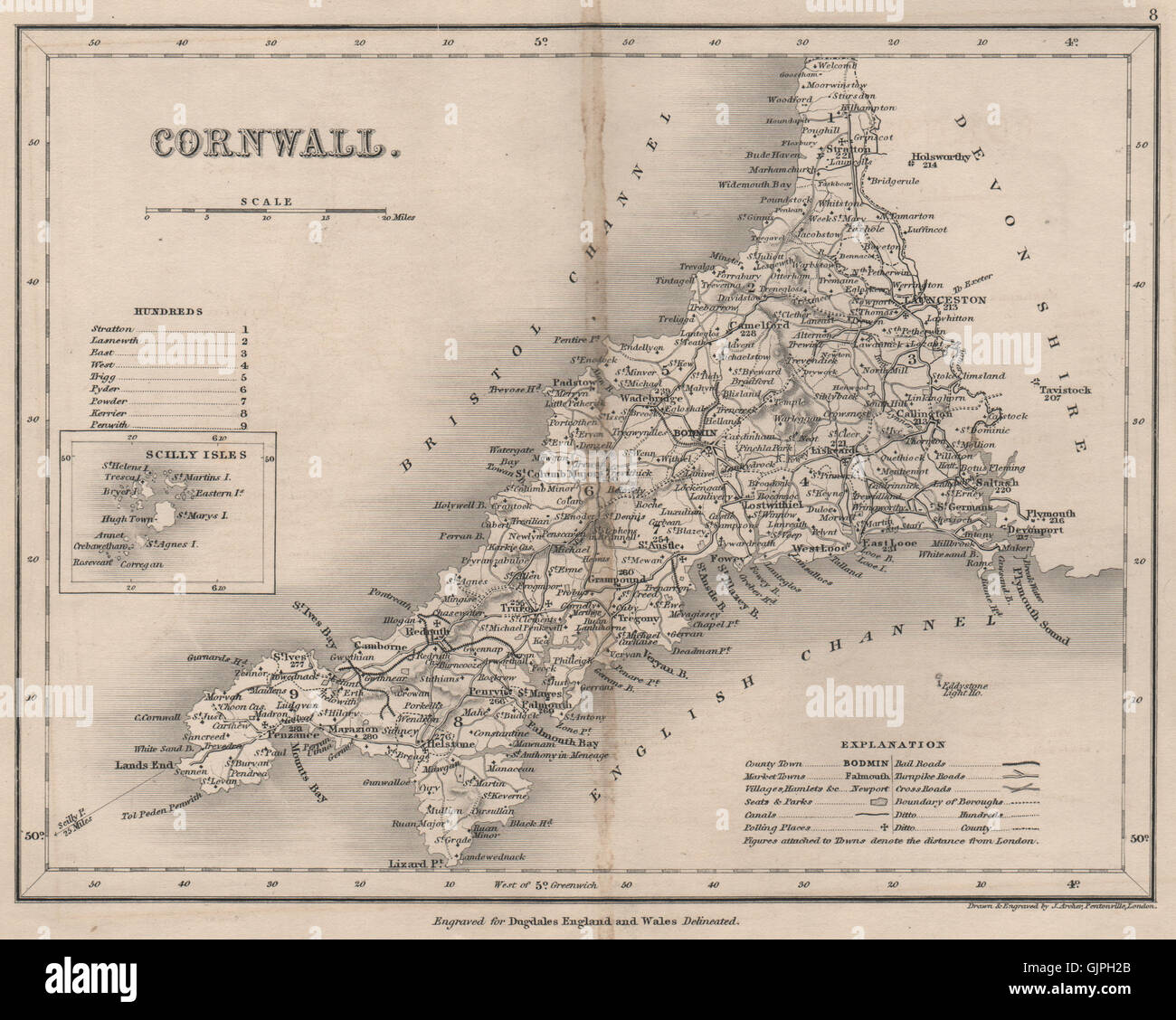CORNWALL county map by DUGDALE/ARCHER. Seats canals polling places ...