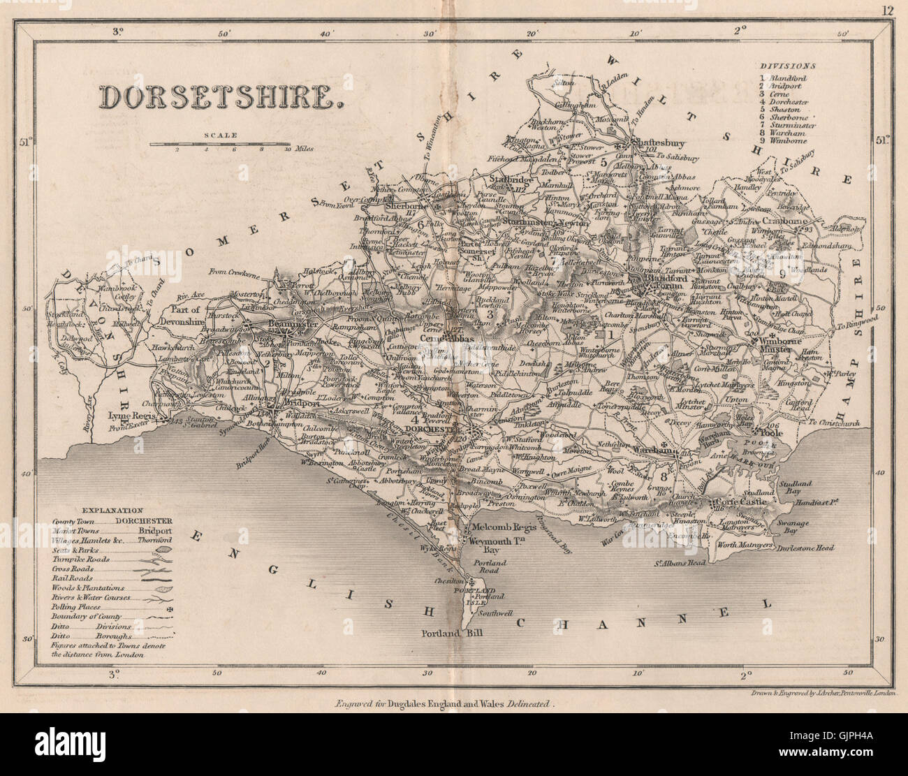 DORSETSHIRE county map by DUGDALE/ARCHER. Seats polling places, 1845 ...