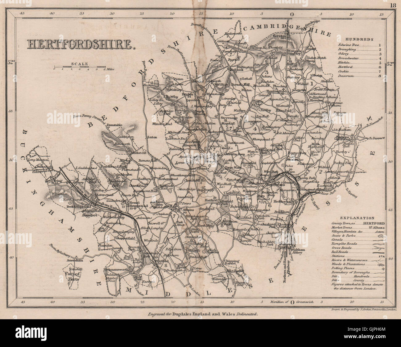HERTFORDSHIRE county map by DUGDALE/ARCHER. Seats canals polling places ...