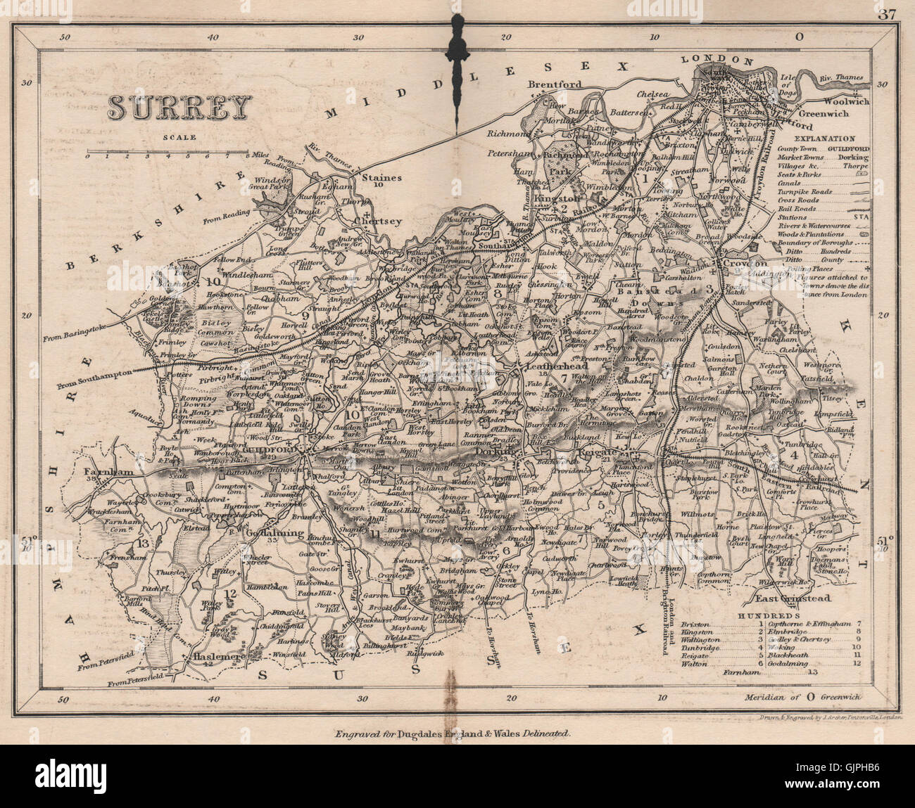 SURREY county map by DUGDALE/ARCHER. Seats canals polling places, 1845 ...