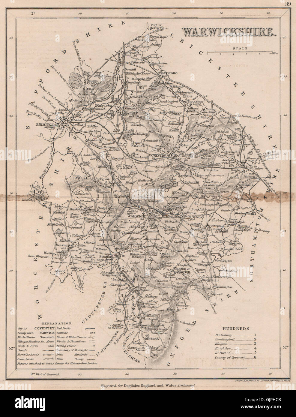 WARWICKSHIRE county map by DUGDALE/ARCHER. Seats canals polling places ...