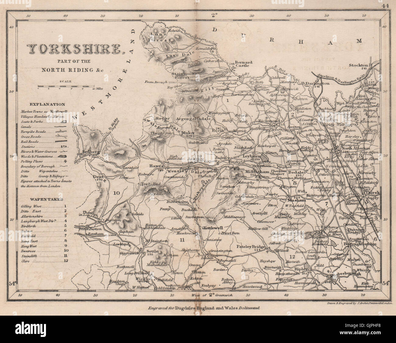 YORKSHIRE, NORTH WEST county map showing wapentakes by DUGDALE/ARCHER ...