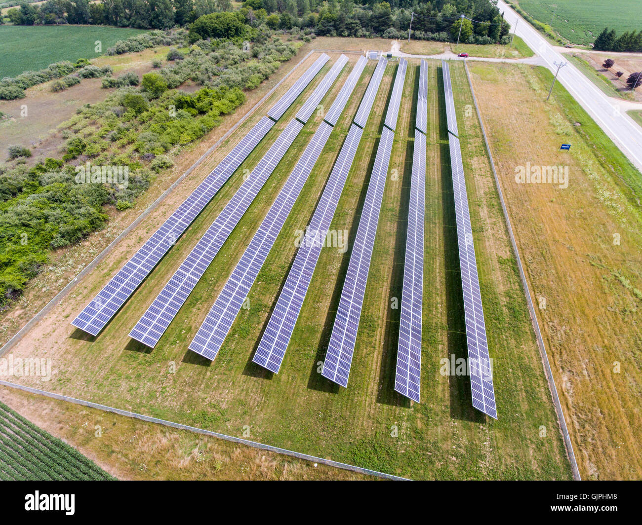 Aerial view of a field of solar power panels use for alternative ...