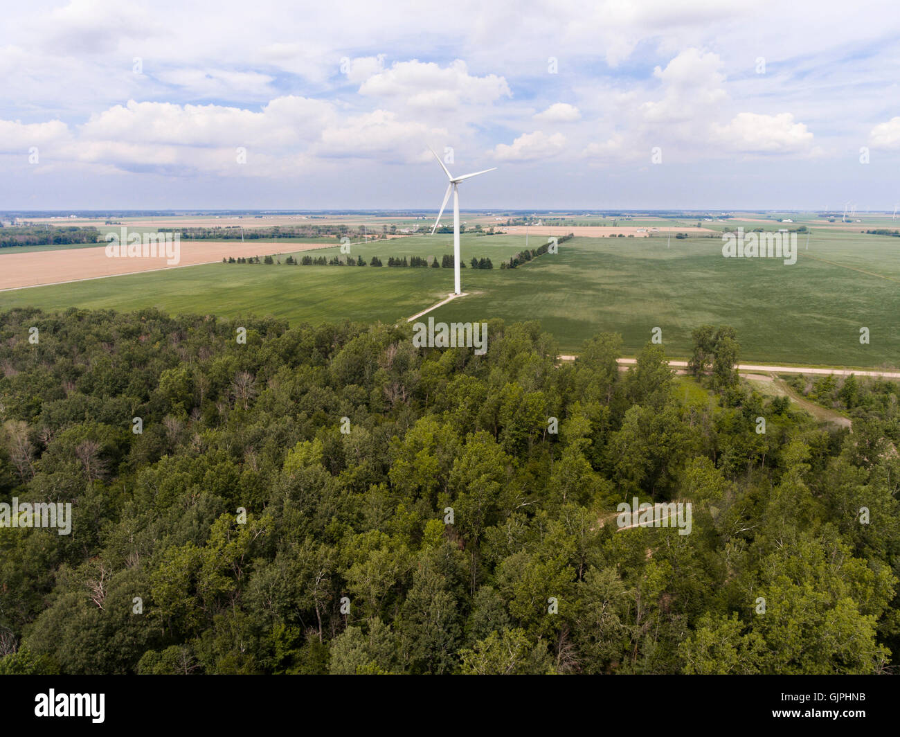 Aerial view of Wind turbines producing electrical energy in Ubly ...