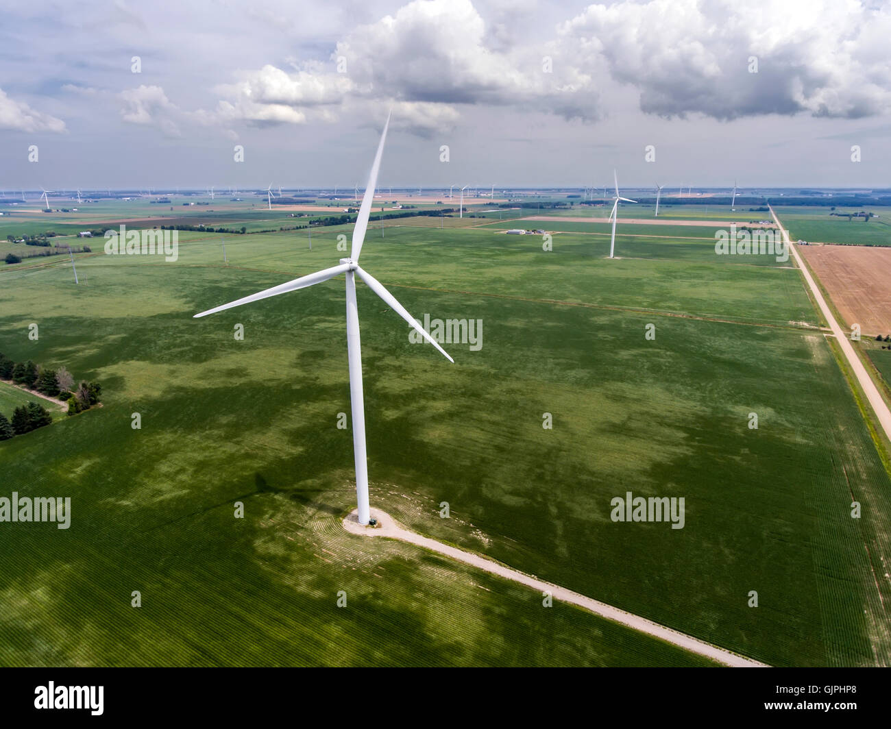 Aerial view of Wind turbines producing electrical energy in Ubly ...
